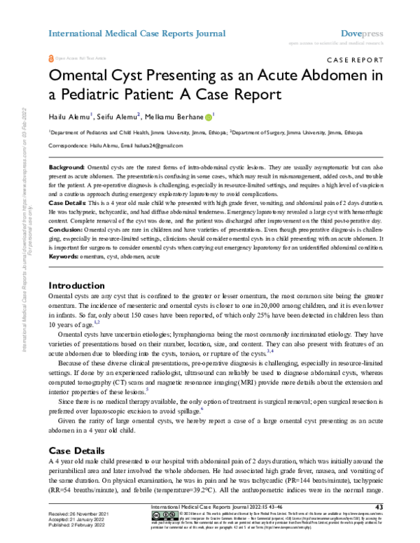 (PDF) Omental Cyst Presenting as an Acute Abdomen in a Pediatric ...