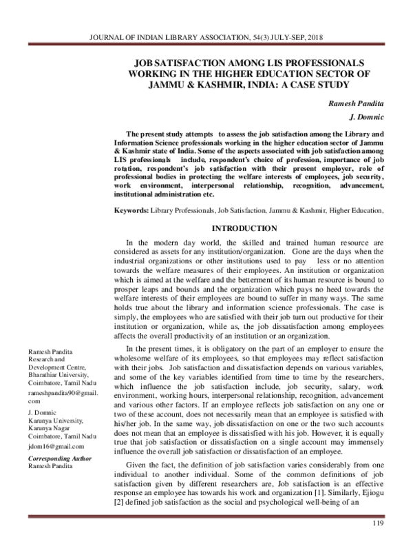 (PDF) Job satisfaction among LIS professionals working in the higher ...