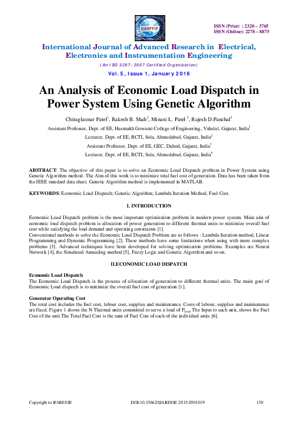 (PDF) An Analysis of Economic Load Dispatch in Power System Using Genetic Algorithm