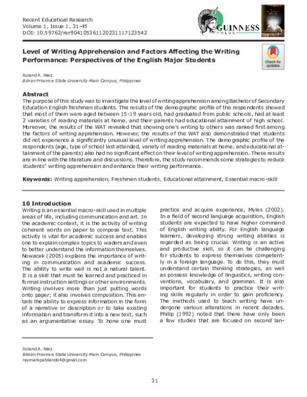(PDF) Level of Writing Apprehension and Factors Affecting the Writing ...