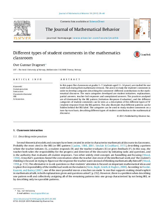 (PDF) Different types of student comments in the mathematics classroom
