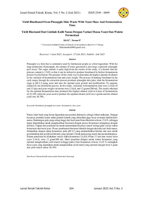 (PDF) Yield Bioethanol From Pineapple Skin Waste With Yeast Mass And ...