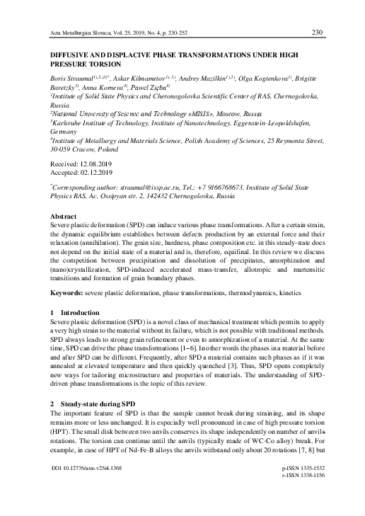 (PDF) Diffusive and Displacive Phase Transformations Under High Pressure Torsion