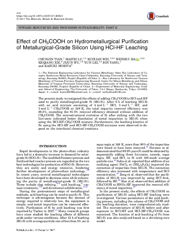 (PDF) Effect of CH3COOH on Hydrometallurgical Purification of Metallurgical-Grade Silicon Using ...