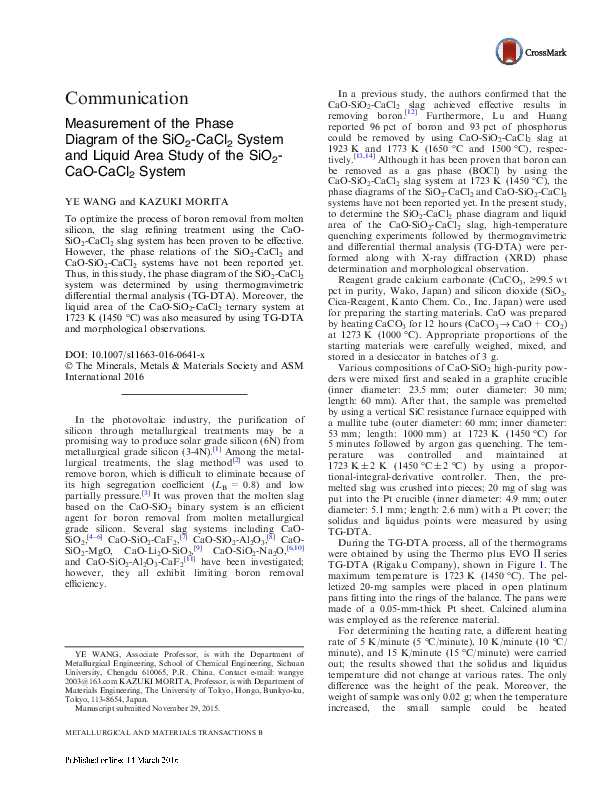 (PDF) Measurement of the Phase Diagram of the SiO2-CaCl2 System and ...