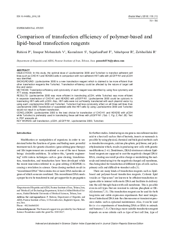 (PDF) Comparison of transfection efficiency of polymer-based and lipid ...