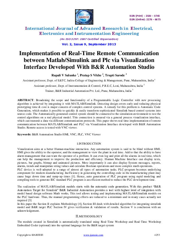 Implementation of Real-Time Remote Communicationbetween Matlab/Simulink ...