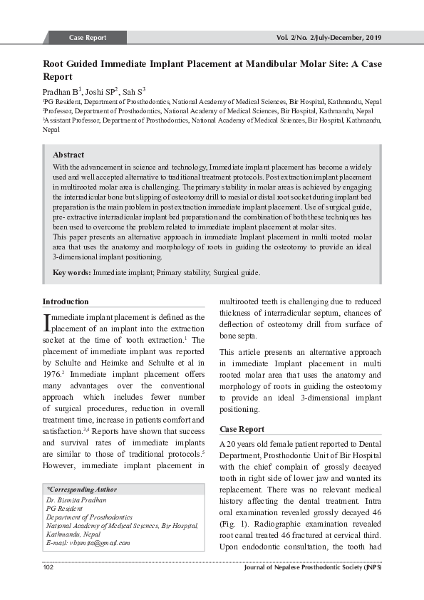 (PDF) Root Guided Immediate Implant Placement at Mandibular Molar Site: A Case Report