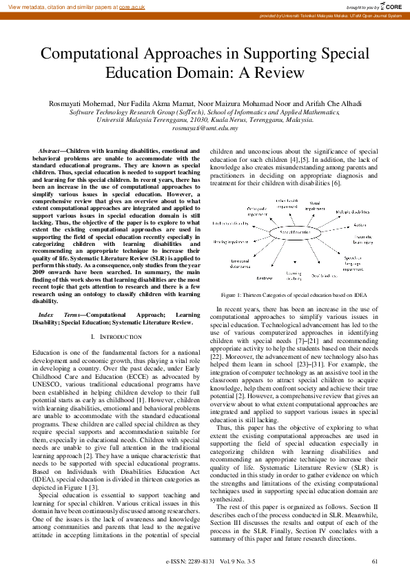 (PDF) Computational Approaches in Supporting Special Education Domain: A Review