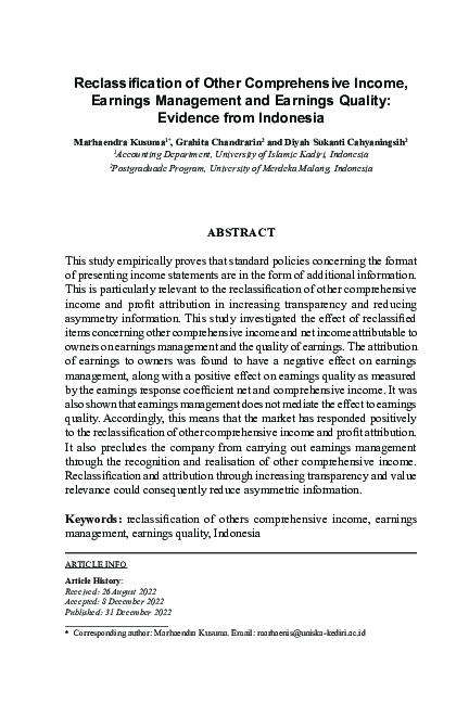 (PDF) Reclassification of Other Comprehensive Income, Earnings ...