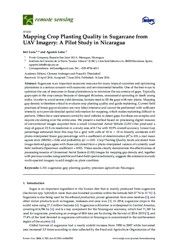 (PDF) Mapping Crop Planting Quality in Sugarcane from UAV Imagery: A Pilot Study in Nicaragua ...