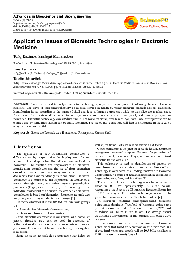 (PDF) Application Issues of Biometric Technologies in Electronic Medicine