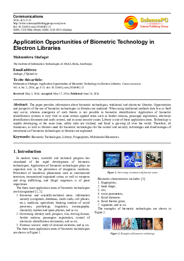 (PDF) Application Opportunities of Biometric Technology in Electron Libraries