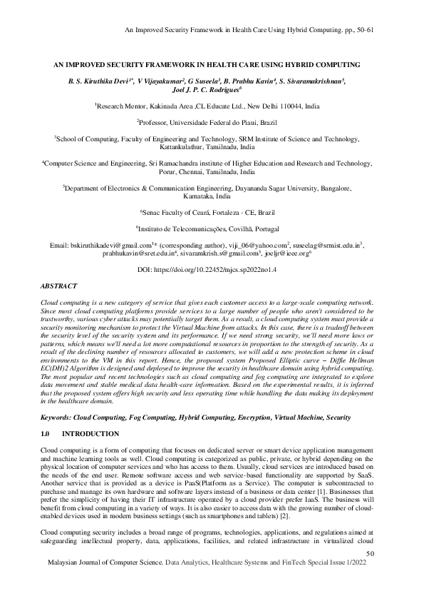 (PDF) An Improved Security Framework in Health Care Using Hybrid Computing | Prabhu Kavin B ...
