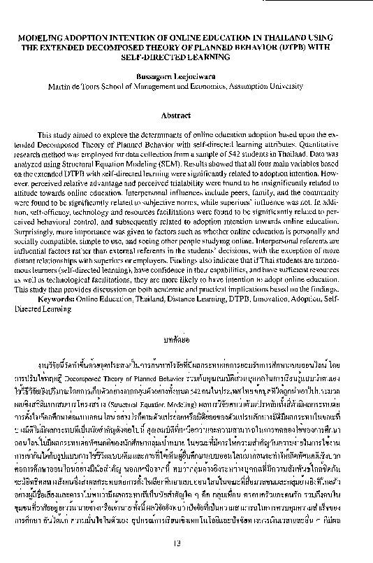 (PDF) Modeling Adoption Intention of Online Education in Thailand Using ...