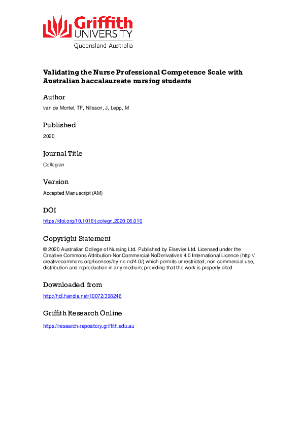 (PDF) Validating the Nurse Professional Competence Scale with ...