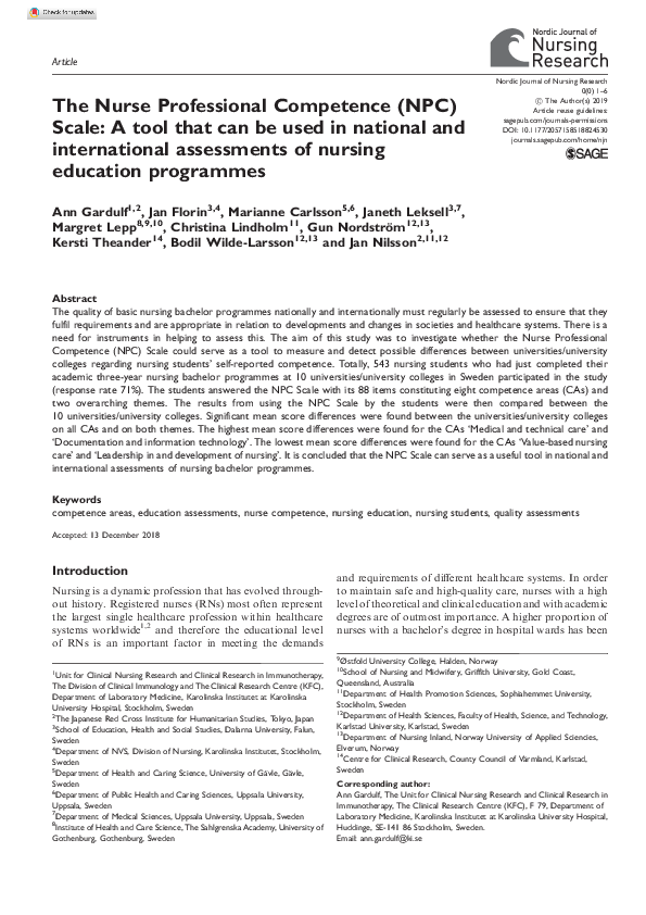 (PDF) The Nurse Professional Competence (NPC) Scale: A tool that can be ...