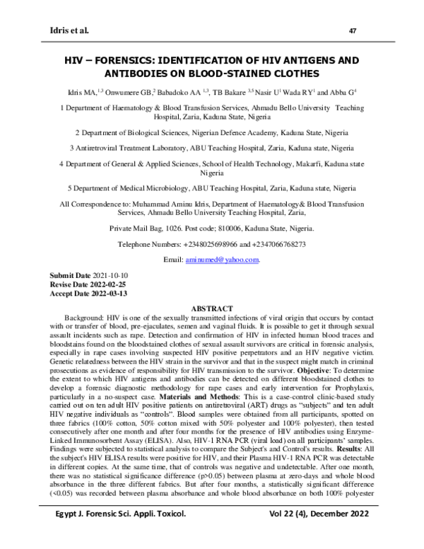 (PDF) Hiv – Forensics: Identification of Hiv Antigens and Antibodies on ...