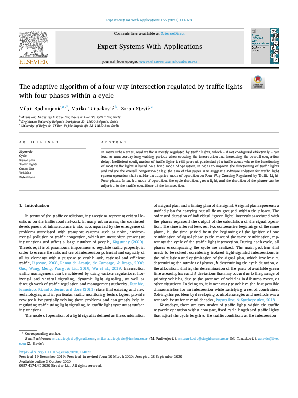 Pdf The Adaptive Algorithm Of A Four Way Intersection Regulated By Traffic Lights With Four