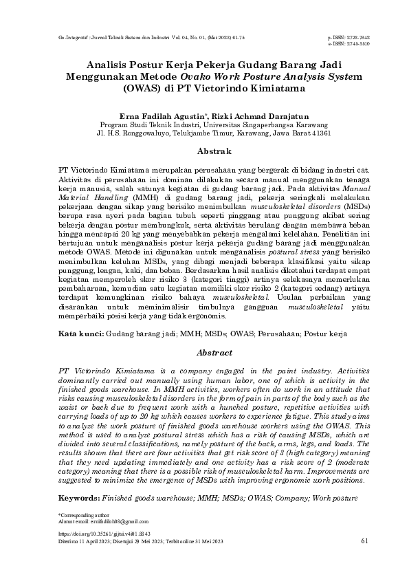 (PDF) Analisis Postur Kerja Pekerja Gudang Barang Jadi Menggunakan ...