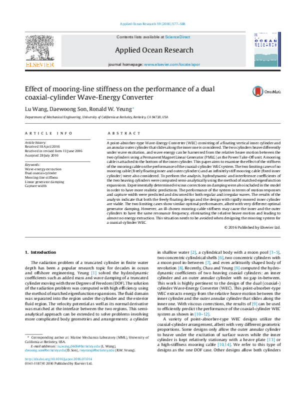 Pdf Effect Of Mooring Line Stiffness On The Performance Of A Dual