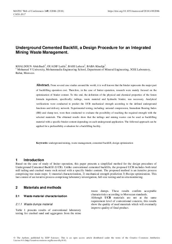 (PDF) Underground Cemented Backfill, a Design Procedure for an ...