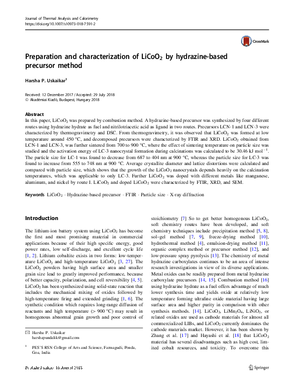 (PDF) Preparation and characterization of LiCoO2 by hydrazine-based ...