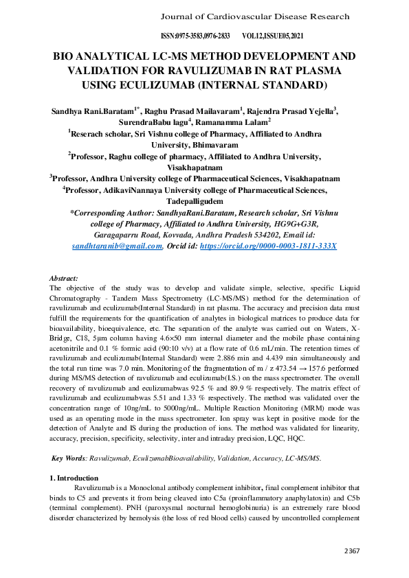 Pdf Bio Analytical Lc Ms Method Development And Validation For Ravulizumab In Rat Plasma Using