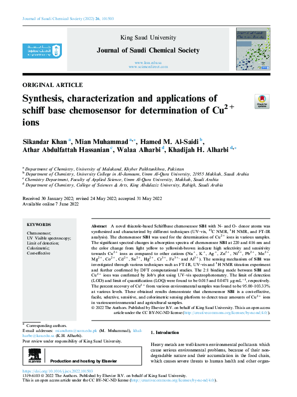 (PDF) Synthesis, characterization and applications of schiff base chemosensor for determination ...