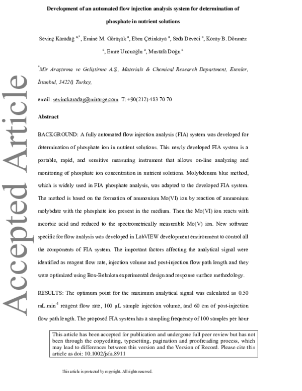 Pdf Development Of An Automated Flow Injection Analysis System For Determination Of Phosphate