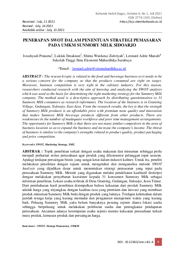 Pdf Penerapan Swot Dalam Penentuan Strategi Pemasaran Pada Umkm