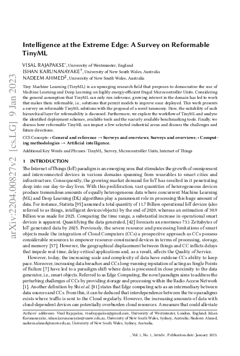 (PDF) Intelligence at the Extreme Edge: A Survey on Reformable TinyML