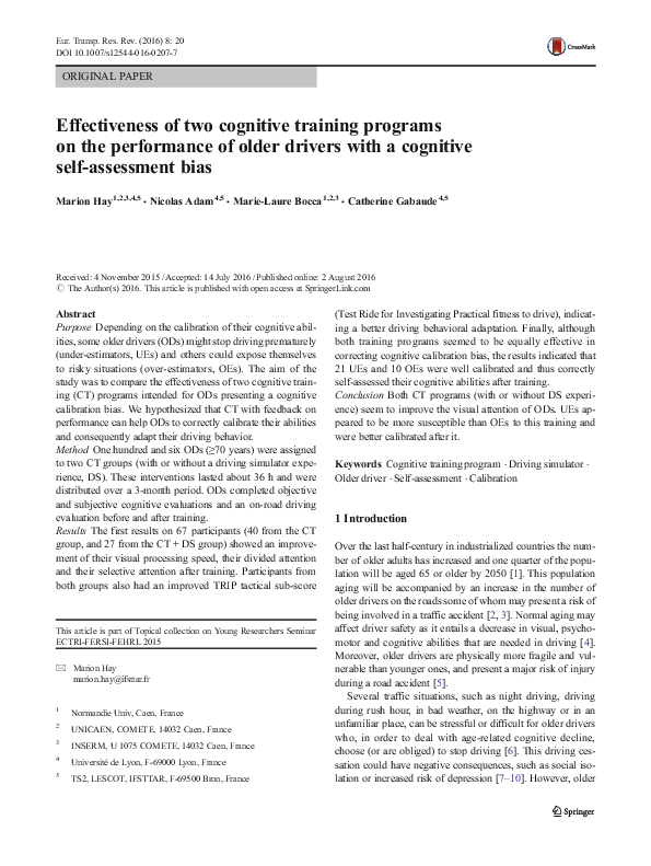 (PDF) Effectiveness of two cognitive training programs on the performance of older drivers with ...