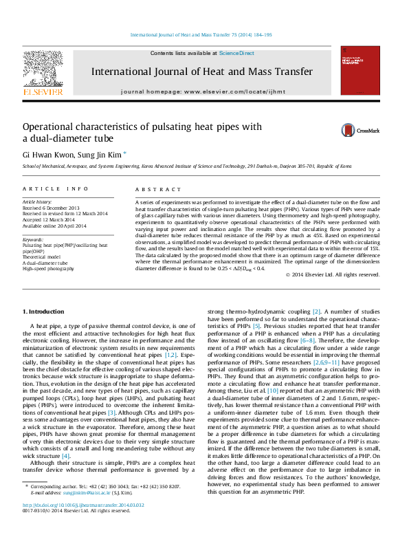 (PDF) Operational characteristics of pulsating heat pipes with a dual ...