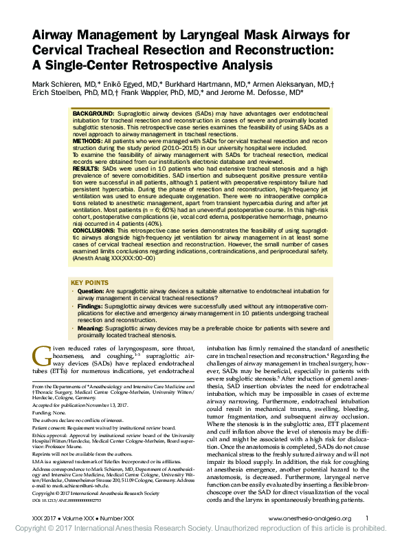 (PDF) Supraglottic Airway Devices for Tracheal Resection Management