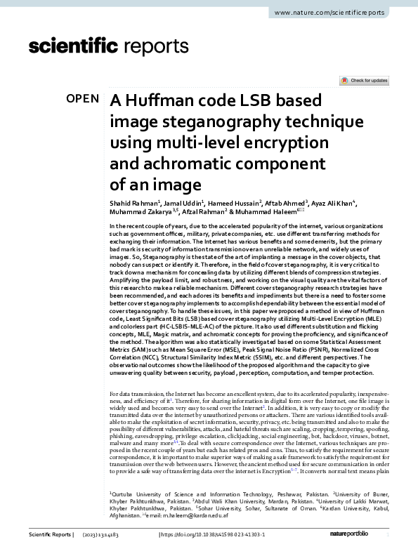 (PDF) A Huffman code LSB based image steganography technique using multi-level encryption and ...