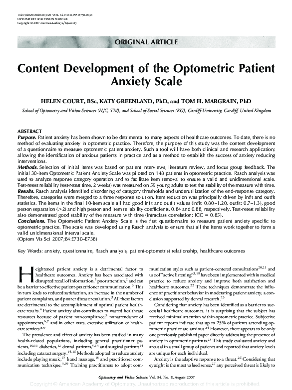 (PDF) Content Development of the Optometric Patient Anxiety Scale