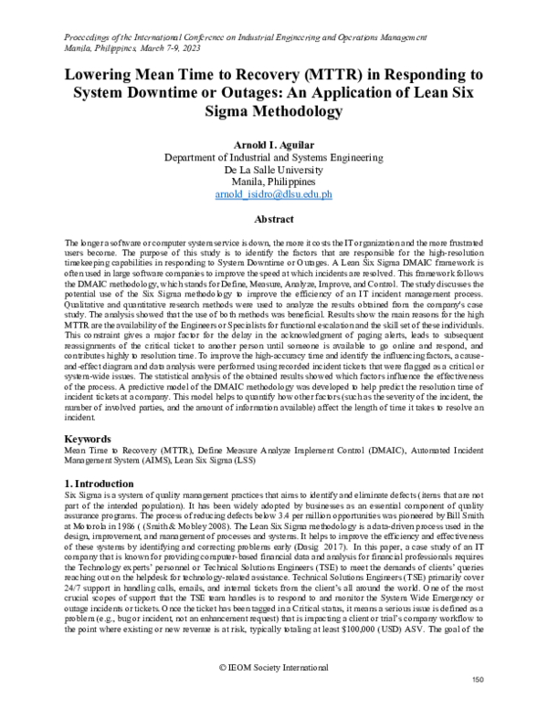 (PDF) Lowering Mean Time to Recovery (MTTR) in Responding to System ...
