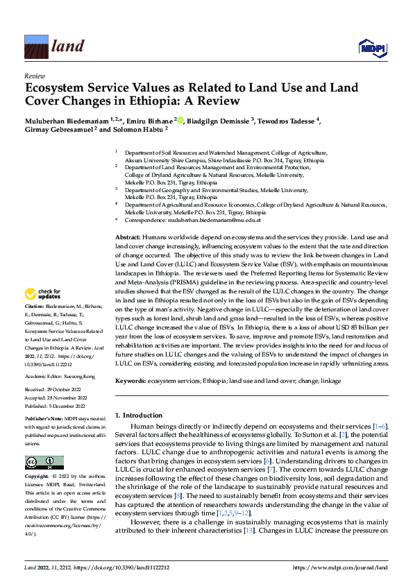 (PDF) Ecosystem Services and Land Use Changes in Ethiopia