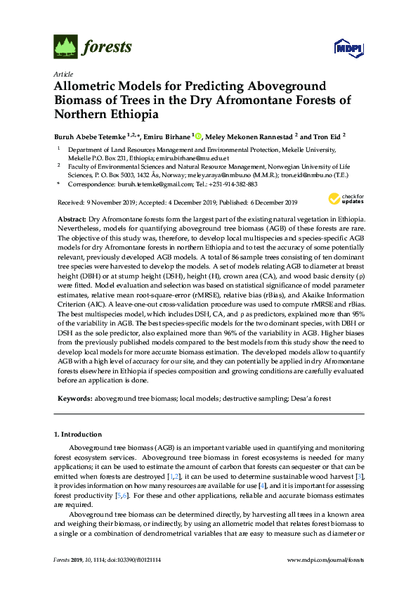 Pdf Allometric Models For Predicting Aboveground Biomass Of Trees In The Dry Afromontane