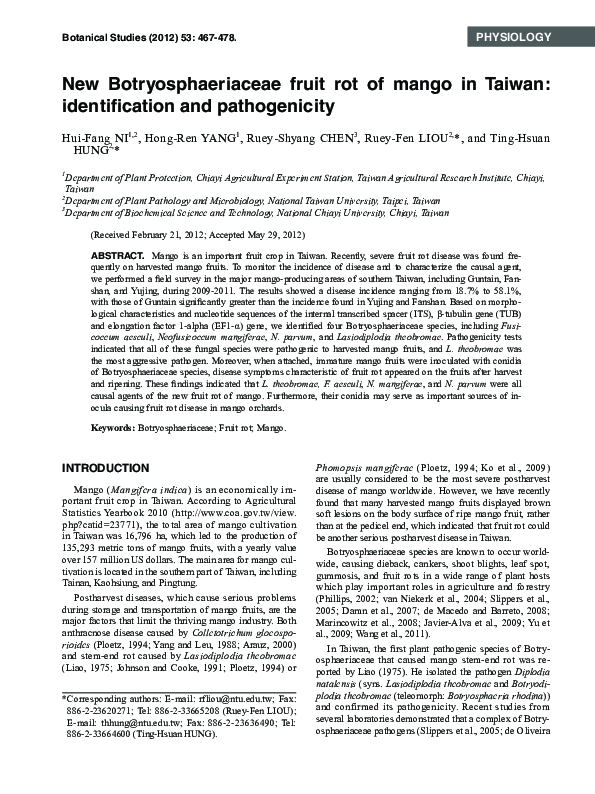 (PDF) New Botryosphaeriaceae Fruit Rot of Mango in Taiwan ...