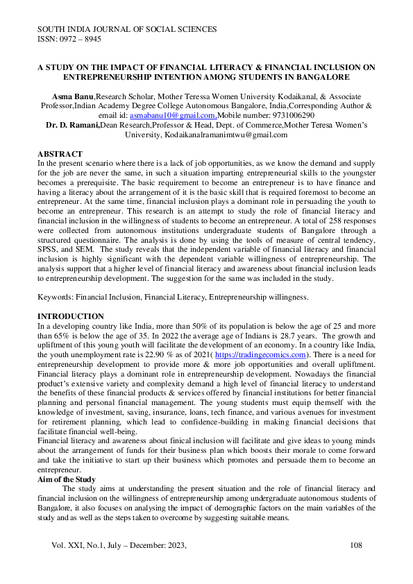 (PDF) A STUDY ON THE IMPACT OF FINANCIAL LITERACY & FINANCIAL INCLUSION ...