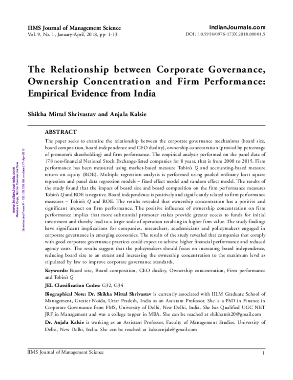 (PDF) The Relationship between Corporate Governance, Ownership Concentration and Firm ...