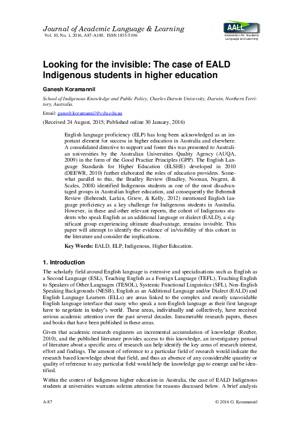 (PDF) Looking for the invisible: The case of EALD Indigenous students ...