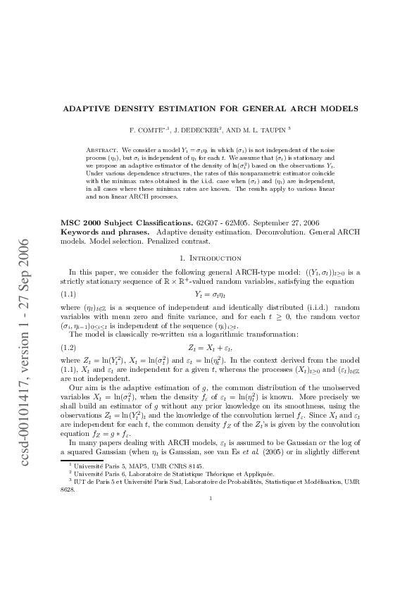 (PDF) Adaptive Density Estimation for General Arch Models