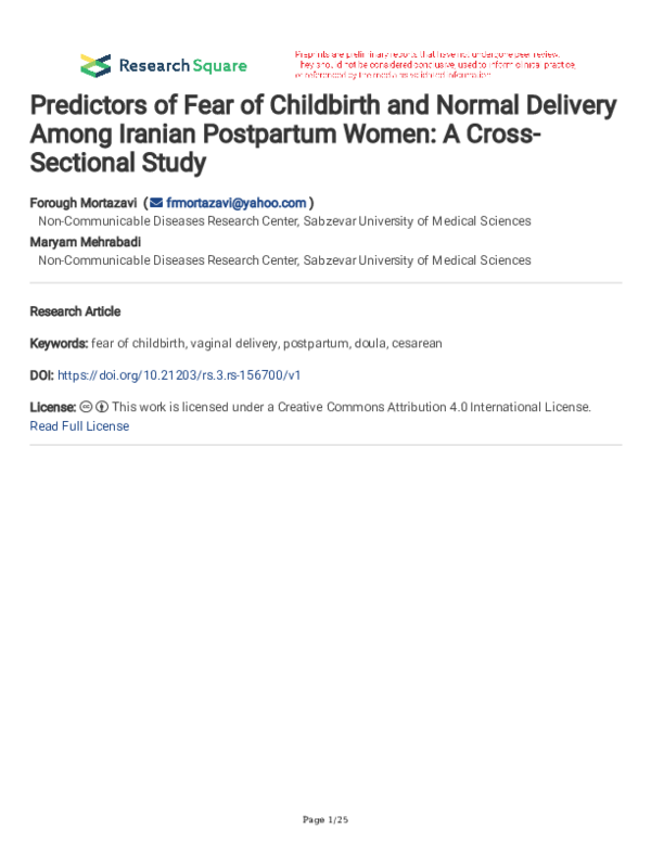 (PDF) Predictors of Fear of Childbirth and Normal Delivery Among ...