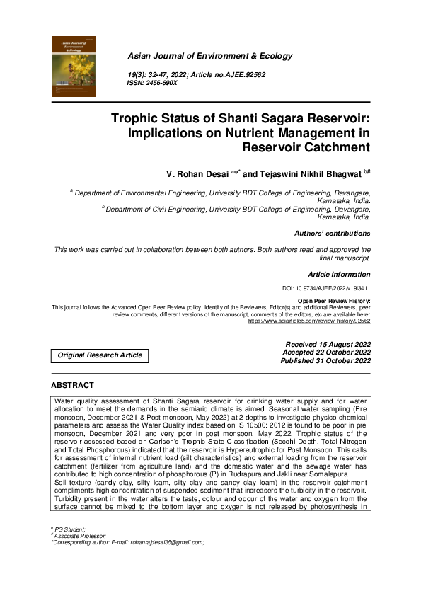 (PDF) Trophic Status of Shanti Sagara Reservoir: Implications on ...
