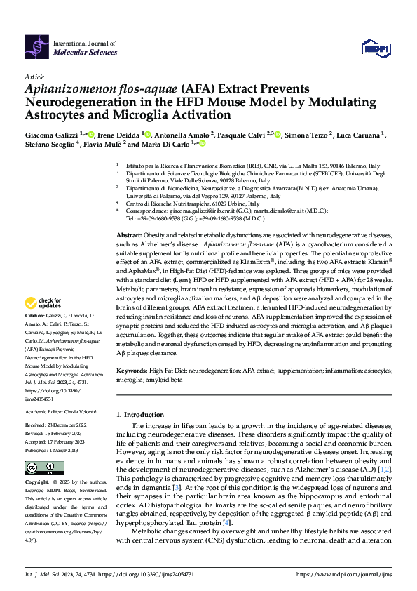 (PDF) Aphanizomenon flos-aquae (AFA) Extract Prevents Neurodegeneration ...