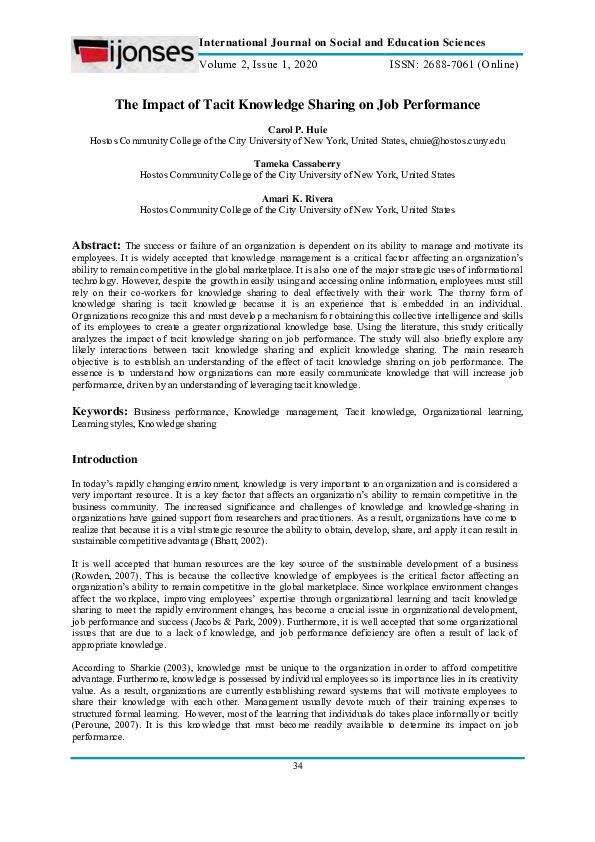 (PDF) The Impact of Tacit Knowledge Sharing on Job Performance