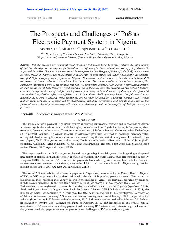 (PDF) The Prospects and Challenges of PoS as Electronic Payment System in Nigeria